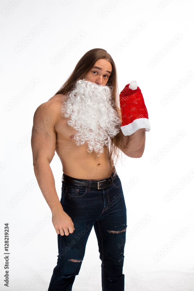 athlete bodybuilder shirtless with long hair posing in cap and beard of ...