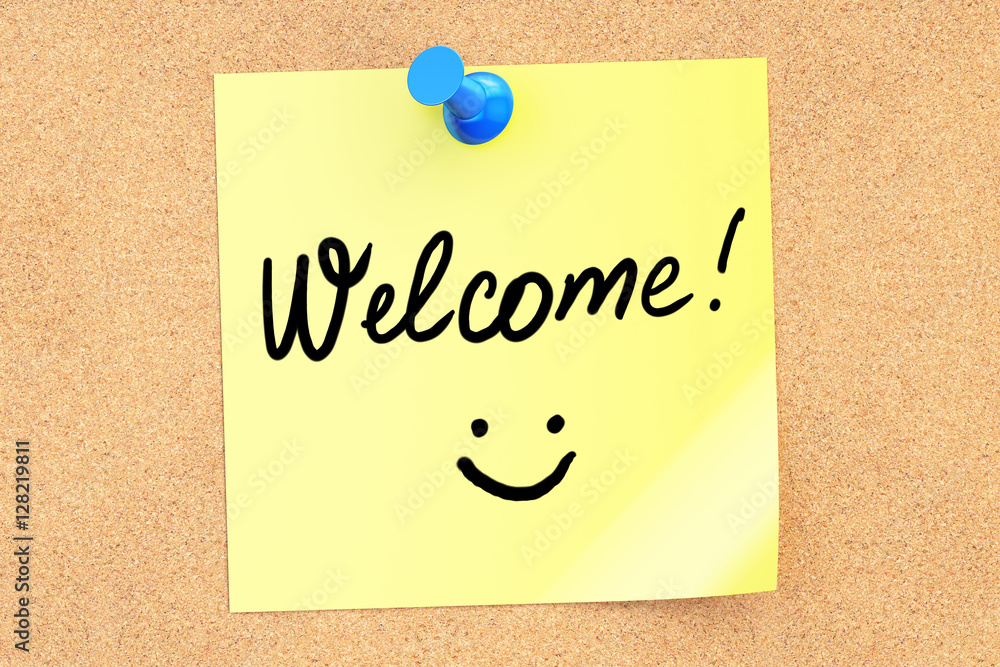 Welcome text on a sticky note pinned to a corkboard. 3D renderin Stock ...