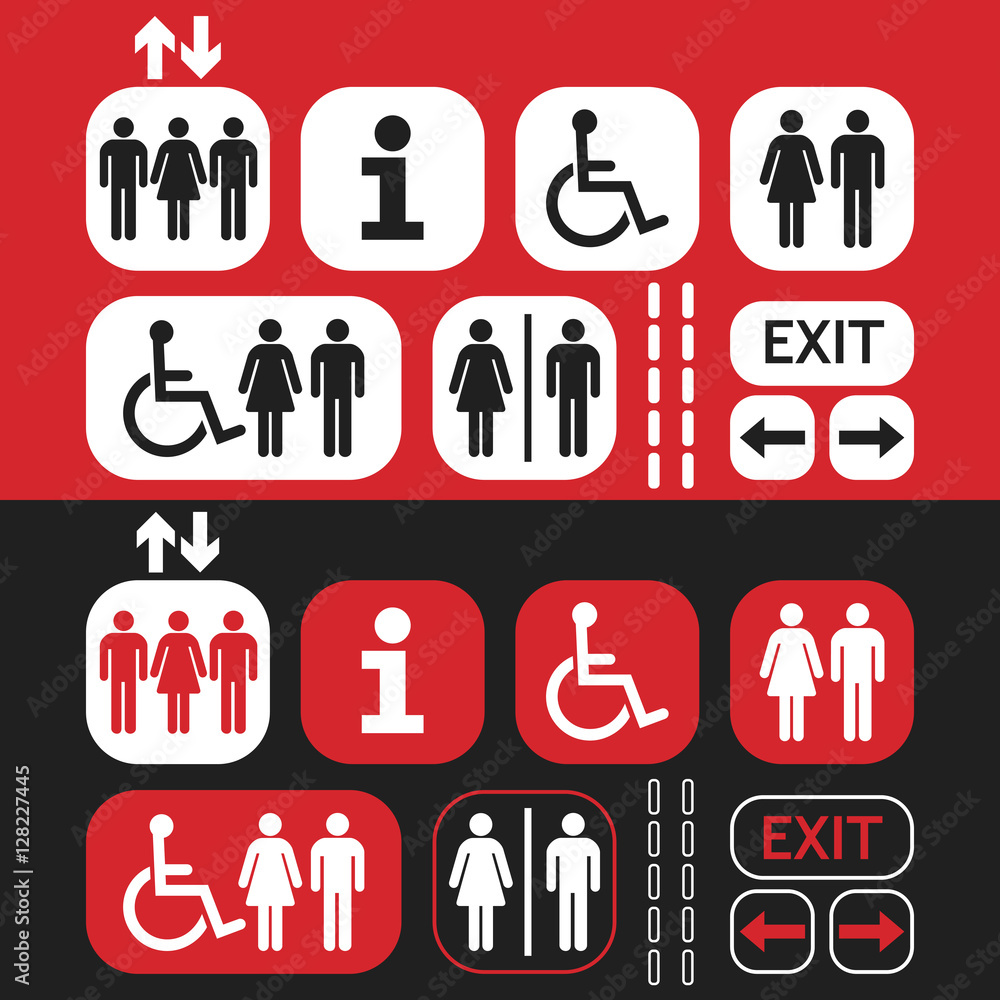 White and red line and silhouette Man and Woman public access icons set ...