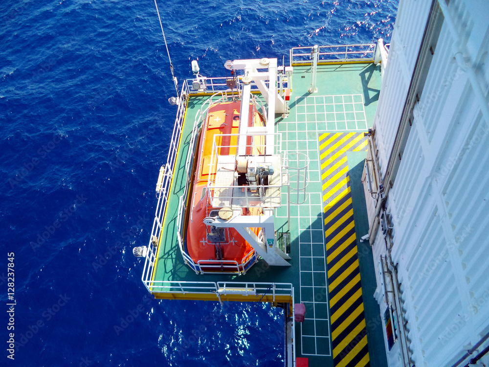 Lifeboat in offshore, rescue boat or rescue team in the sea.Top view ...