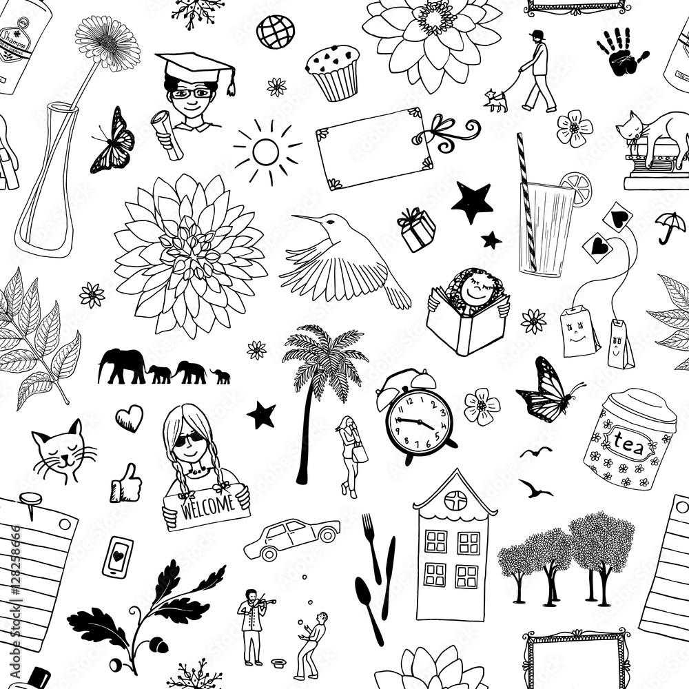 Seamless doodle pattern with random objects Stock Vector | Adobe Stock