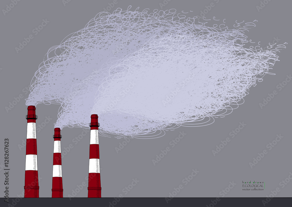 Smokestack on grey sky background. Illustration of air pollution caused ...