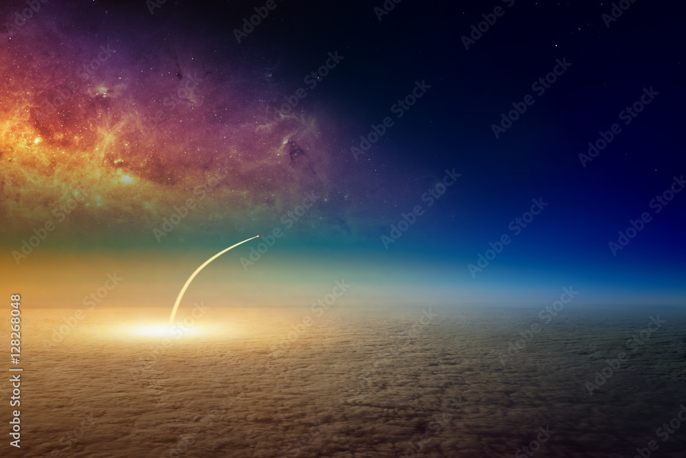 Missile launch, aerial view of space shuttle taking off Stock ...
