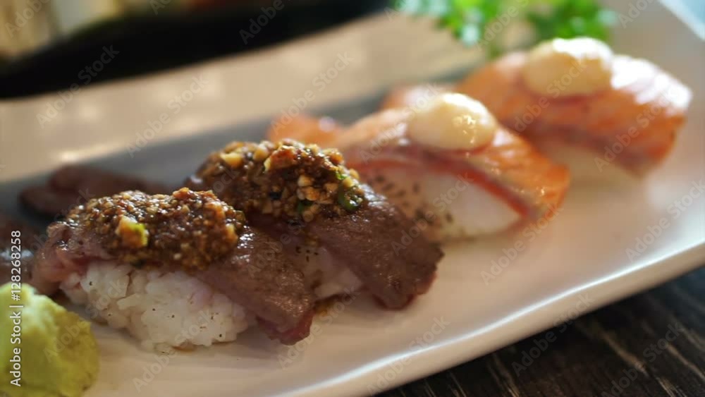 Aburi Nigiri, seared beef and salmon sushi Japanese cuisine half cook ...