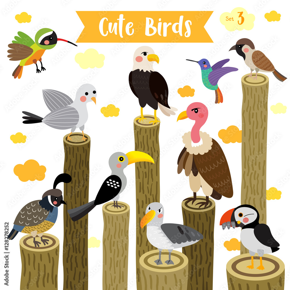 Cute Birds Animal cartoon perching on logs and flying. Eagle. Vulture ...