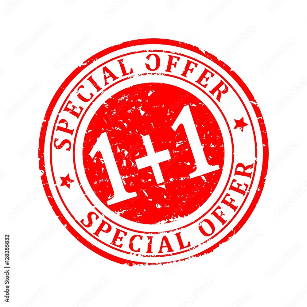 Scratched red round stamp with the inscription - Special Offer 1 + 1 ...