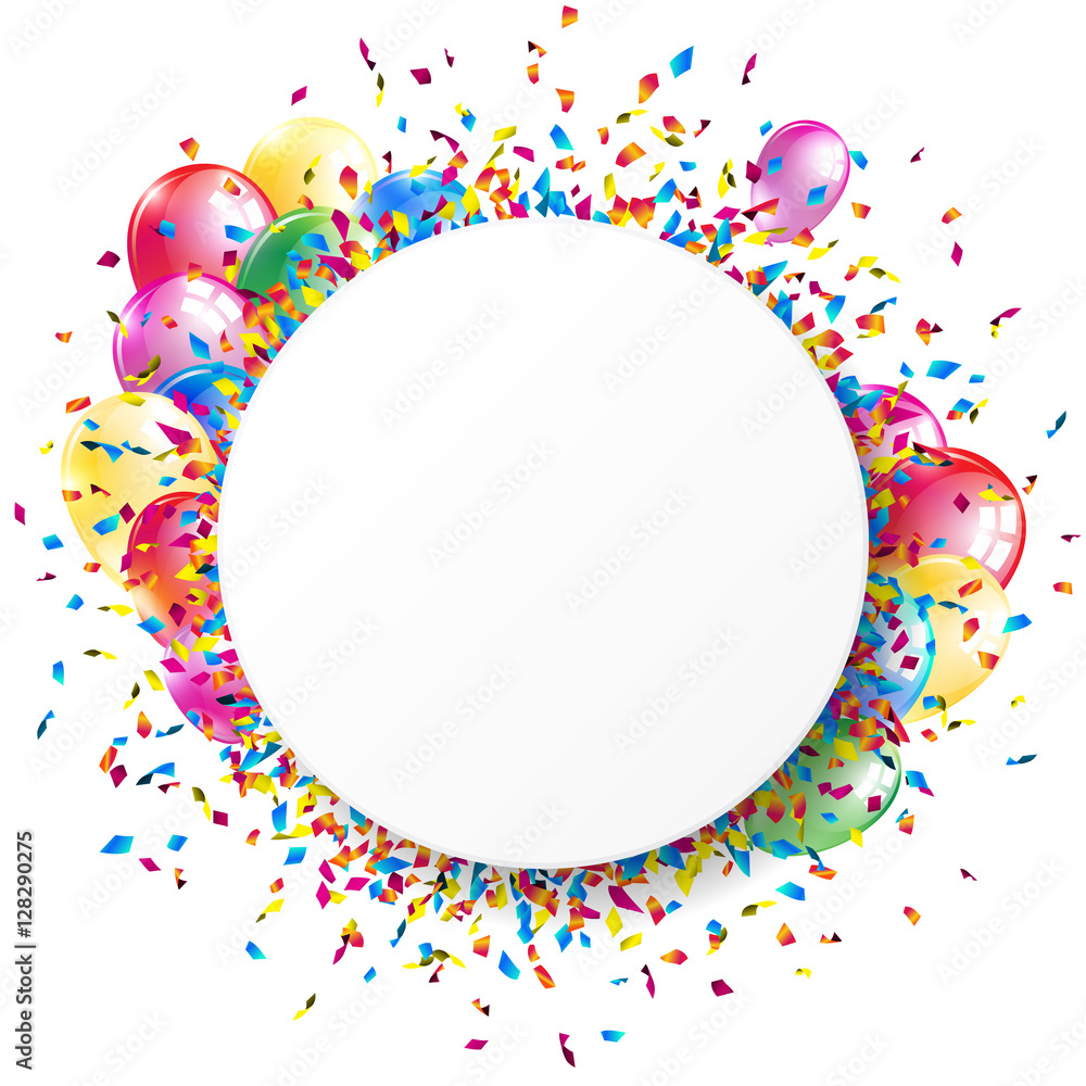 White round banner with shiny colorful confetti and balloons. Vector ...
