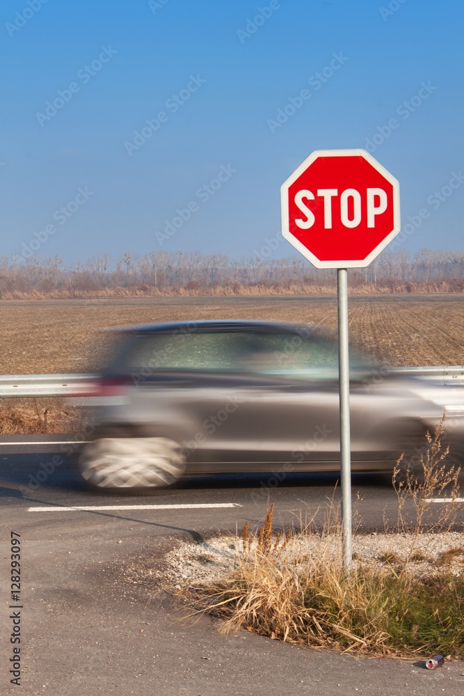 Stop Sign at Crossroads. Roads in the Slovak countryside. Exit onto the ...