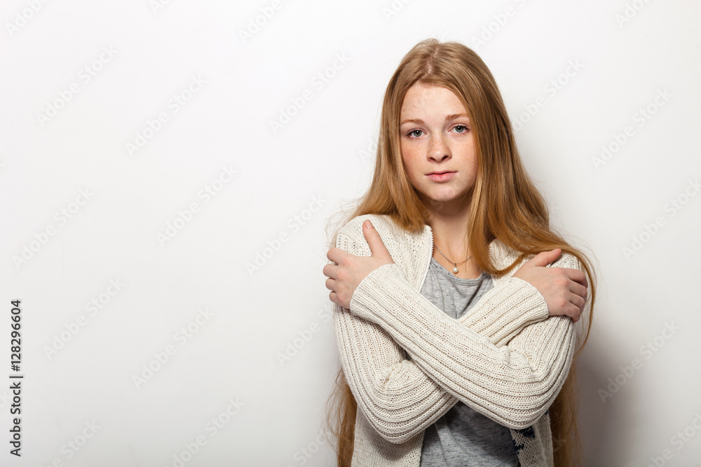 Human pose expressions and emotions. Portrait of young adorable redhead ...