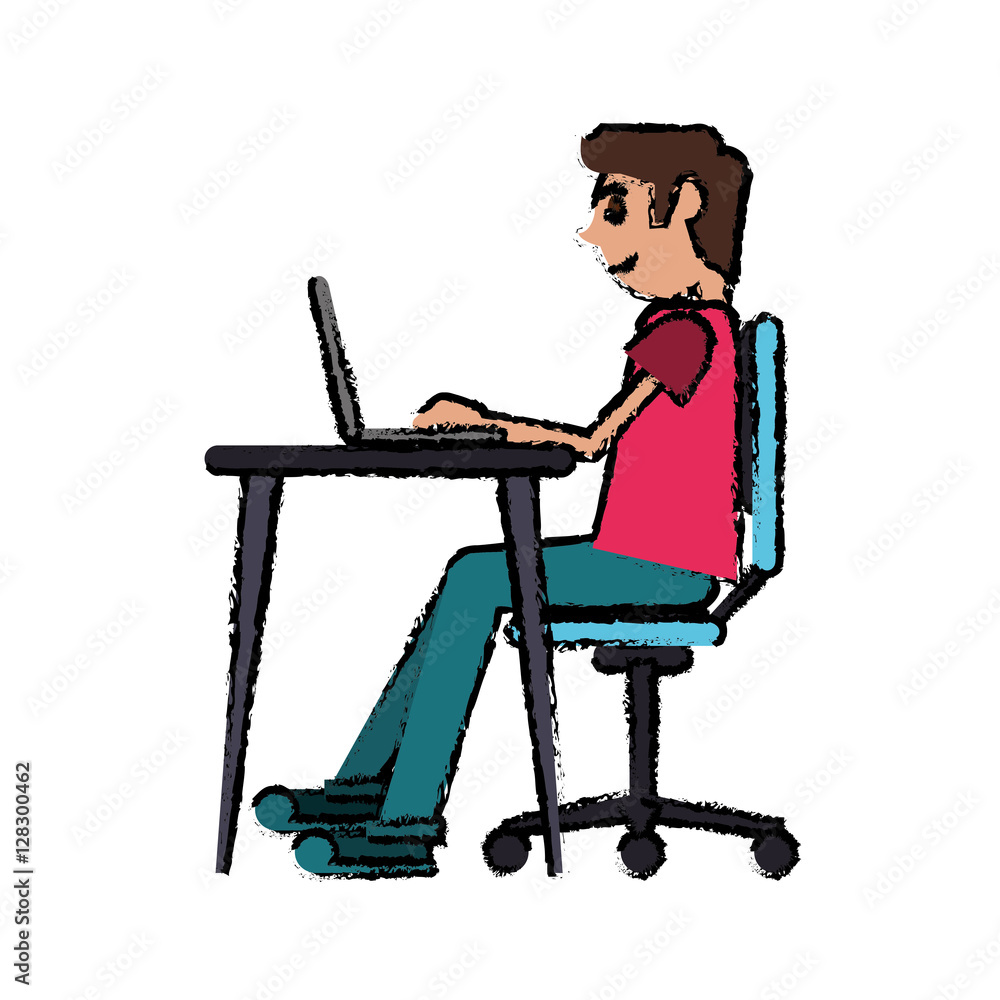 cartoon man working front computer with pc vector illustration eps 10 ...