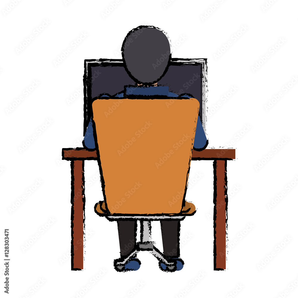 cartoon guy back working laptop chair desk vector illustration eps 10 ...