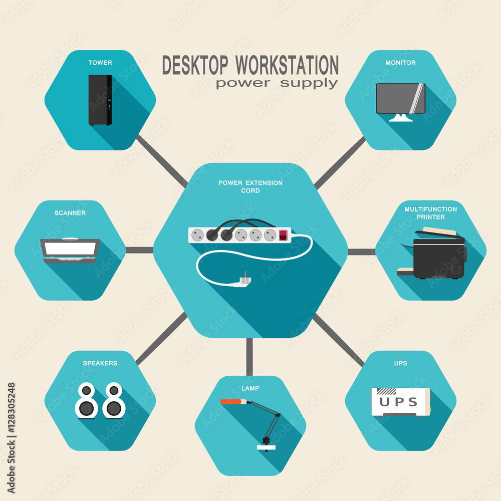 Vector set of hexagon icons of desktop workstation power supply with ...