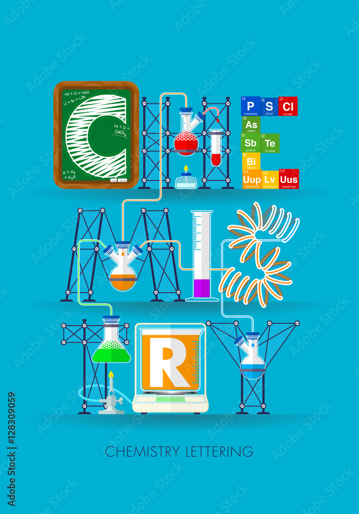 Chemistry lettering formed by an experiment with test tubes, symbols of ...