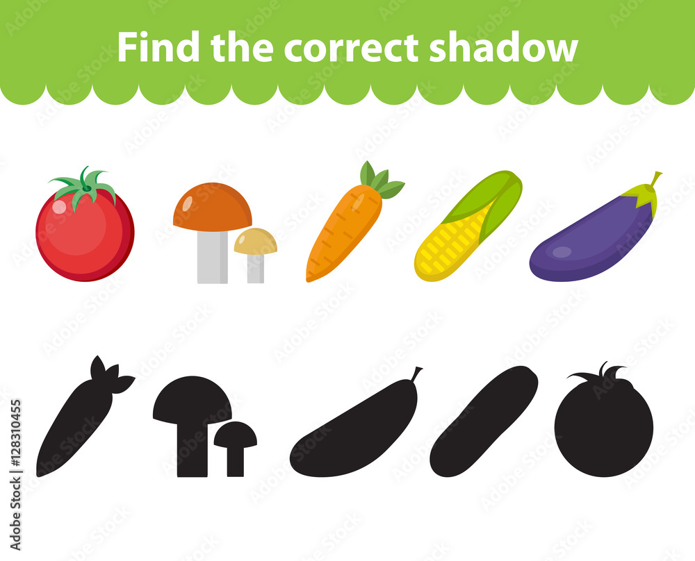 Children s educational game, find correct shadow silhouette. Vegetables ...
