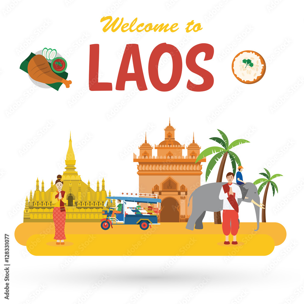 Laos travel landmarks. Flat design style. Illustration of Wat Phra That ...