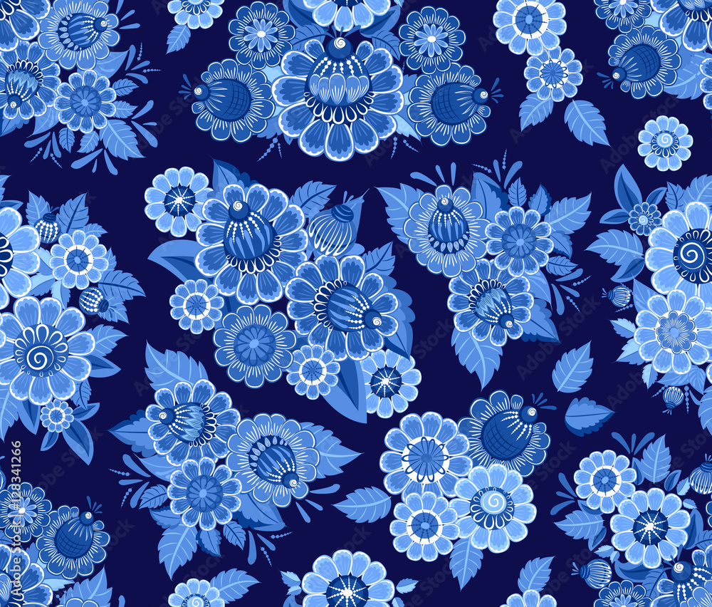 fashion monochrome seamless texture with blue stylized flowers Stock ...