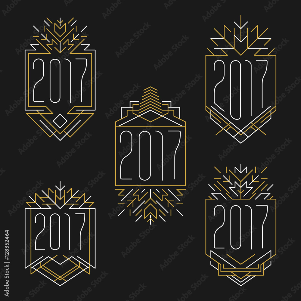 New Year 2017 text. Art deco frames in outline style. Badges in golden ...