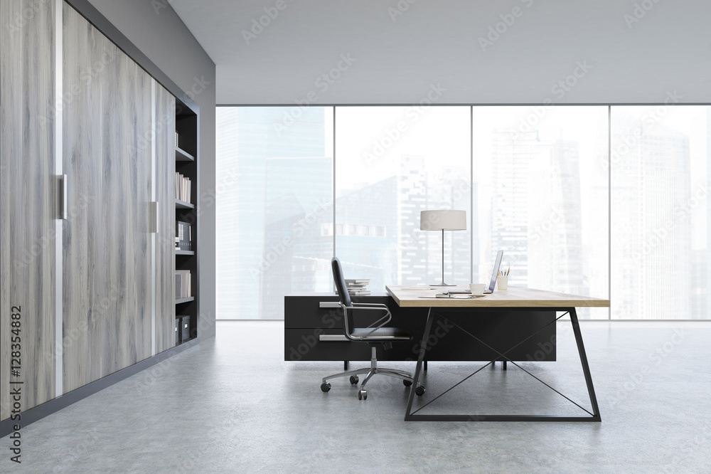 Side view of a CEO office with wooden doors and a bookcase Stock ...