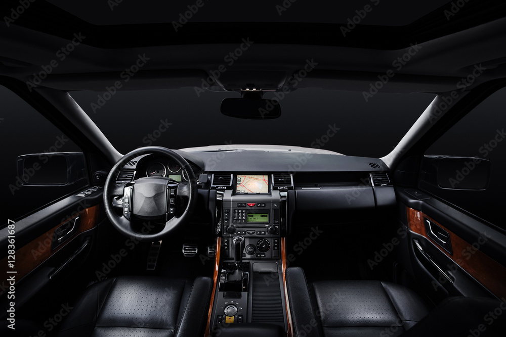 Luxury car leather interior, black studio background Stock Photo ...