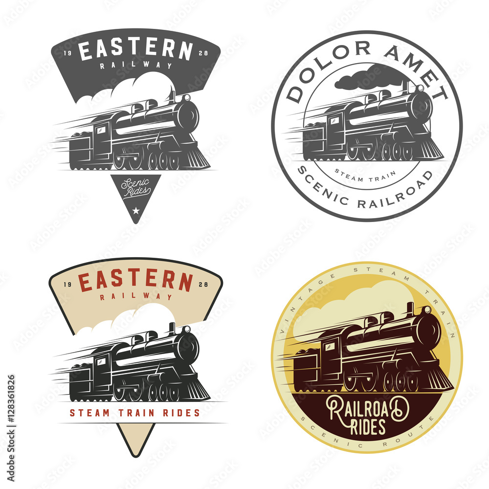 Set of vintage retro railroad steam train logos, emblems, labels and ...