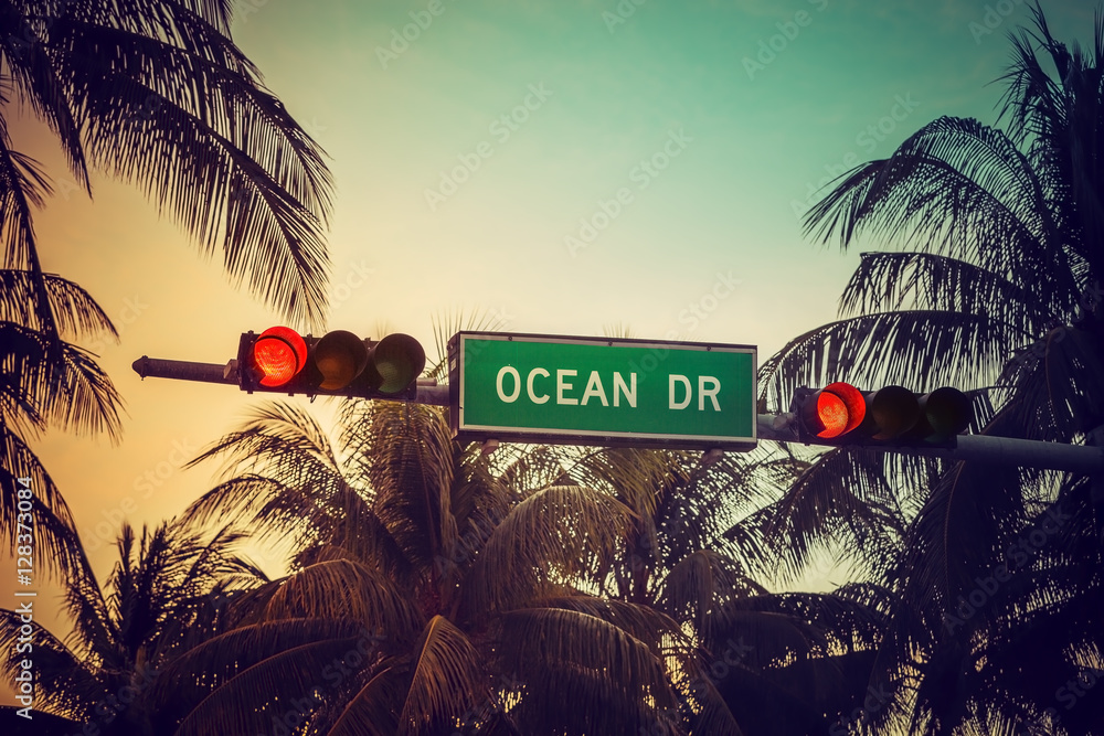 Ocean Drive sign with palm trees in Miami Beach Stock Photo | Adobe Stock
