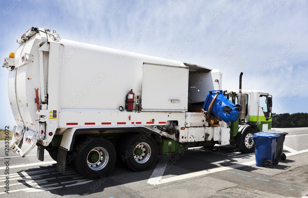 Garbage truck with trash can lift arm. Horizontal. Stock Photo | Adobe ...