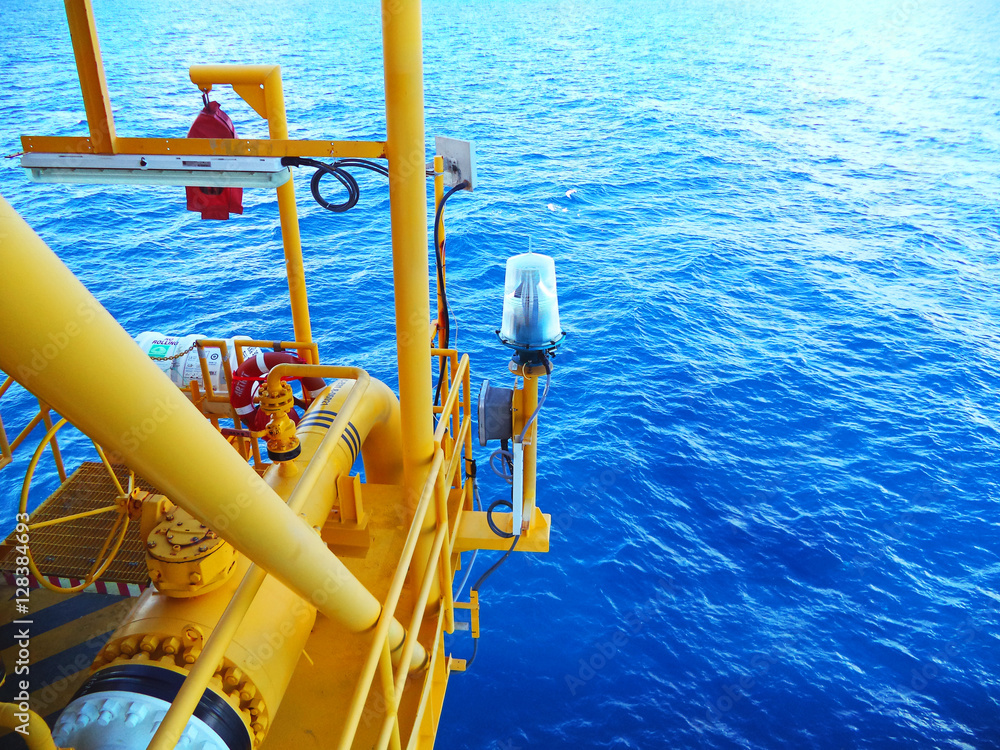 Navigation lights on the oil & gas offshore wellhead platform. Stock ...