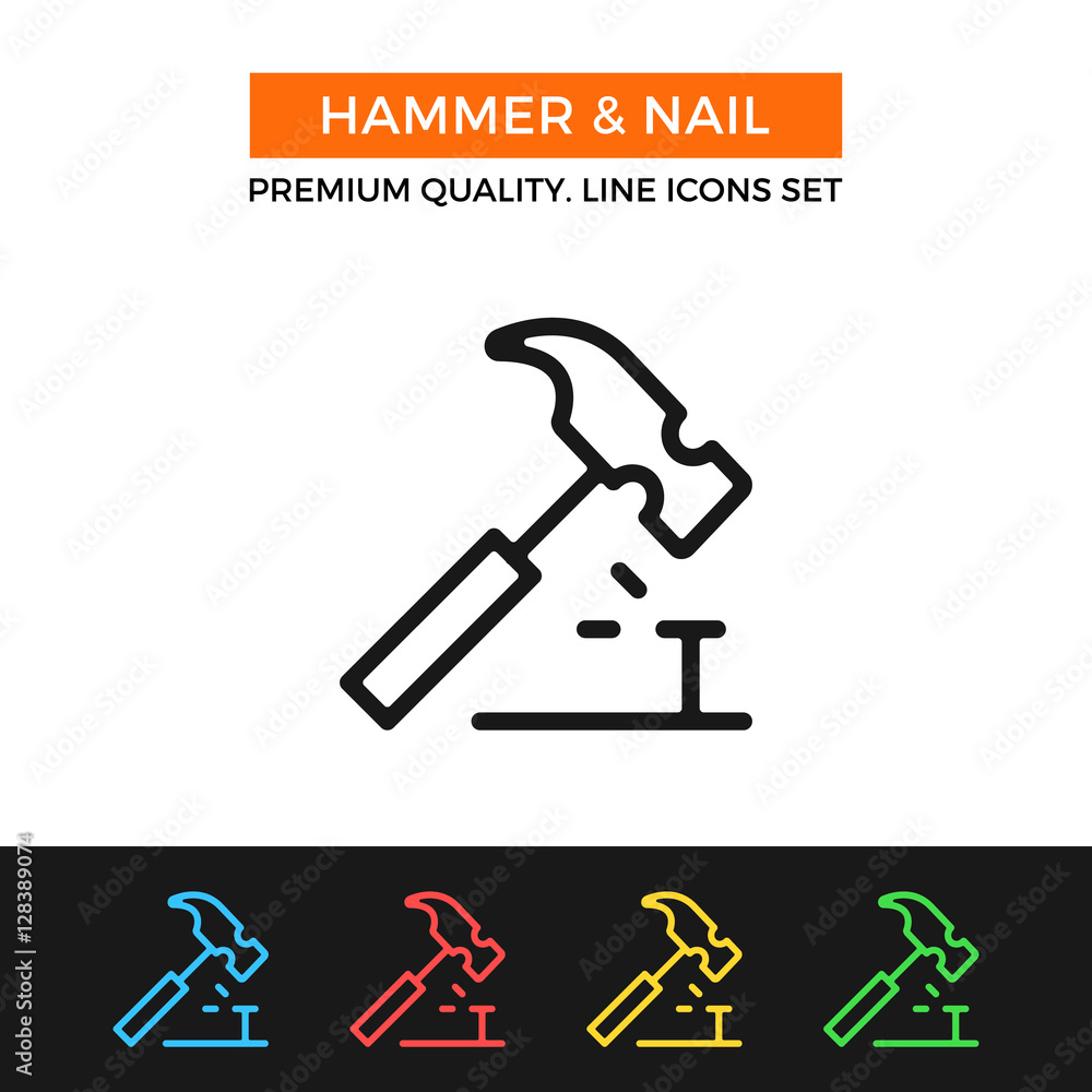 Vector hammer and nail icon. Thin line icon Stock Vector | Adobe Stock