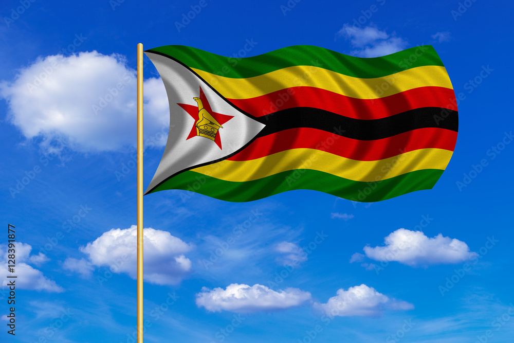 Flag of Zimbabwe waving on blue sky background Stock-Illustration ...