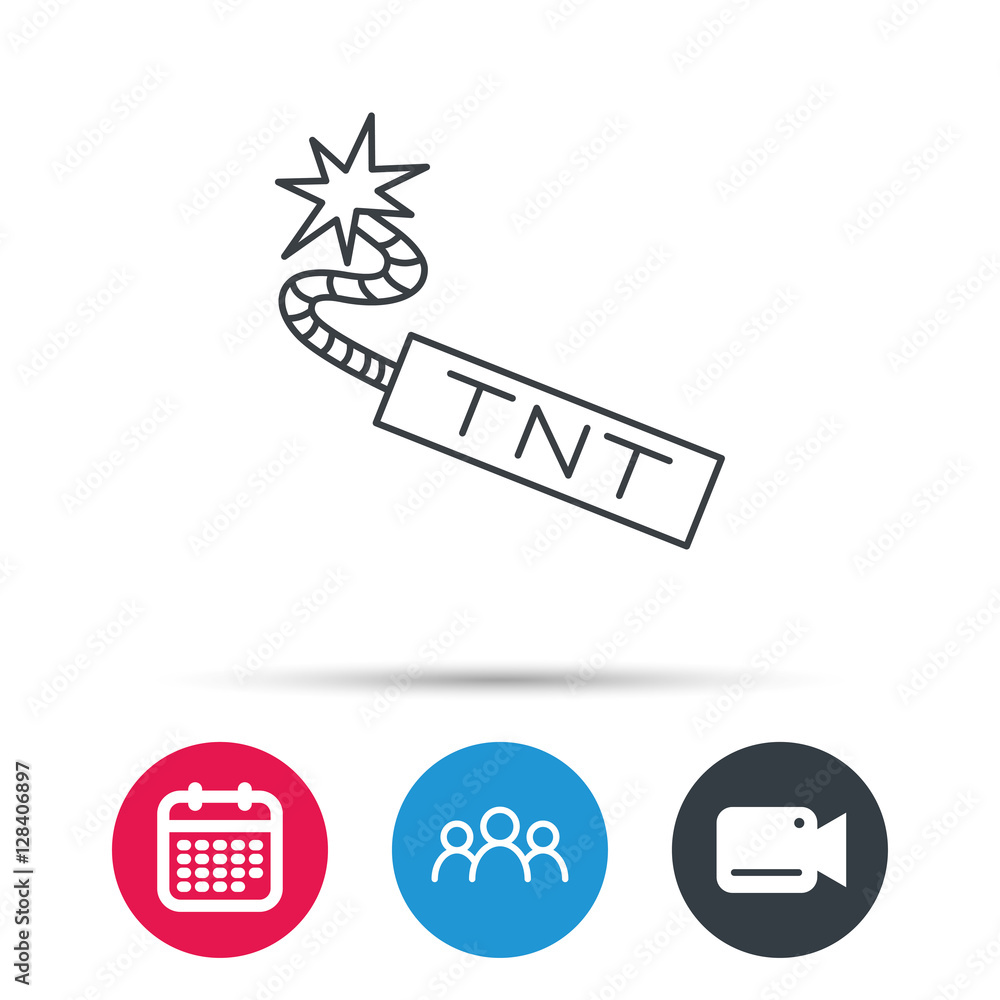 TNT dynamite icon. Bomb explosion sign. Group of people, video cam and ...
