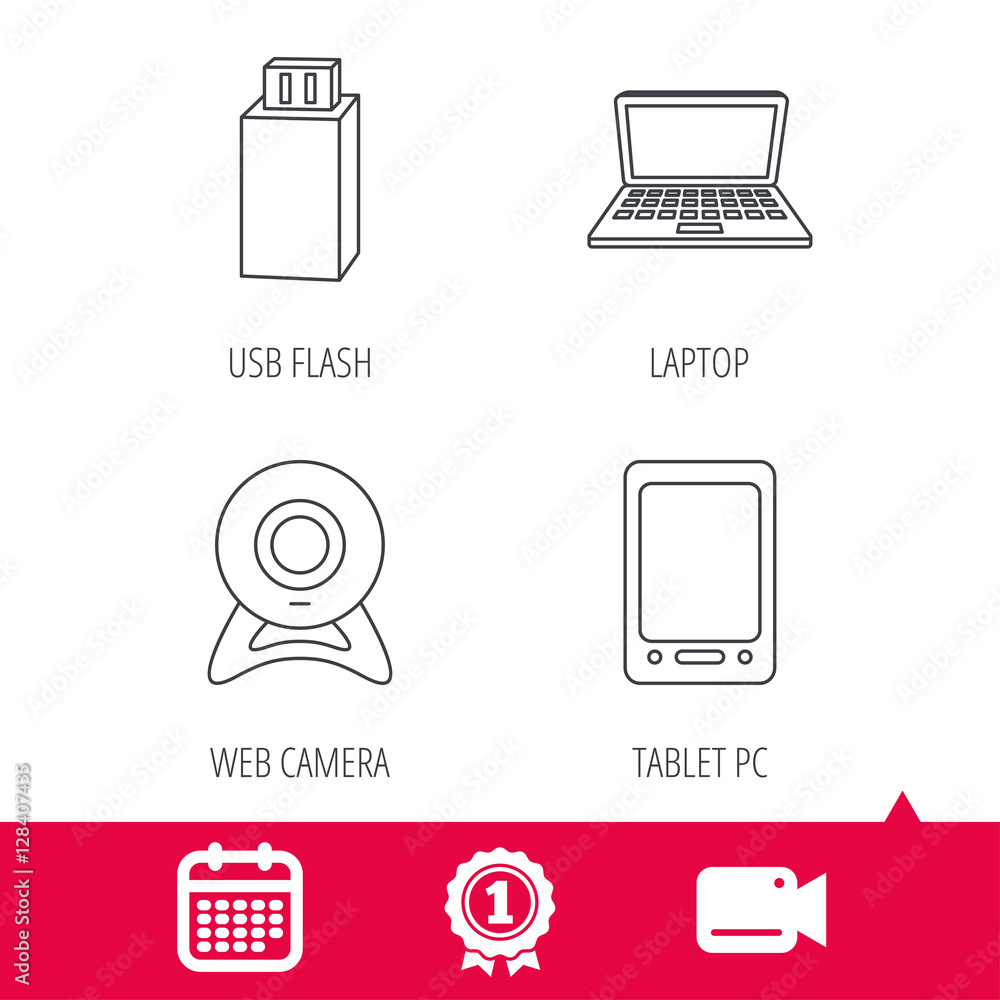 Achievement and video cam signs. Web camera, USB flash and notebook ...