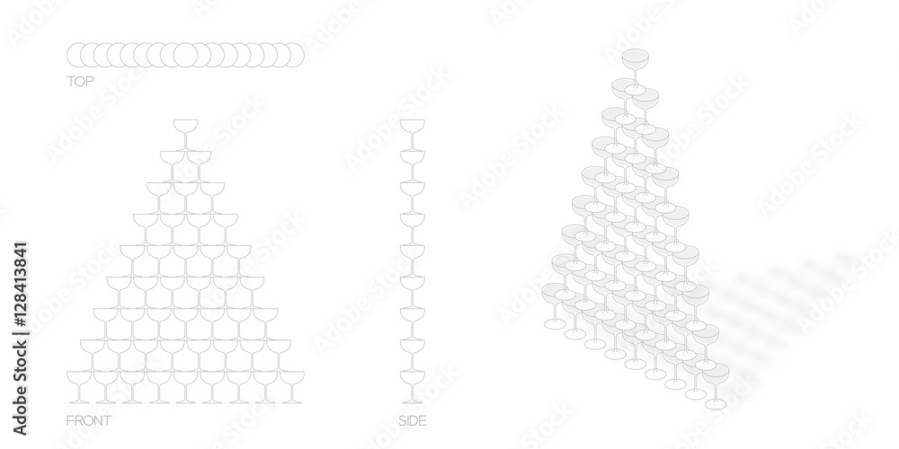 champagne tower pyramid, 45 glass illustration flat design black and ...