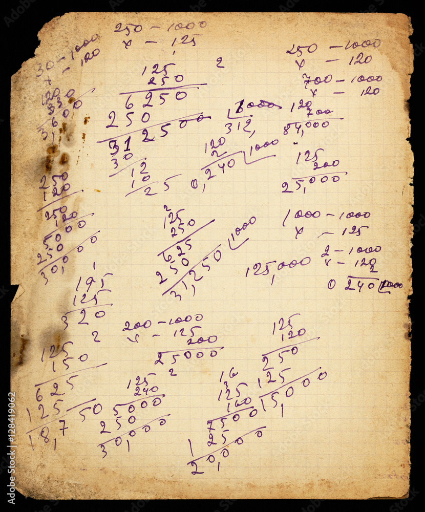 Old lined paper sheet with calculations and dirty borders Stock Photo ...