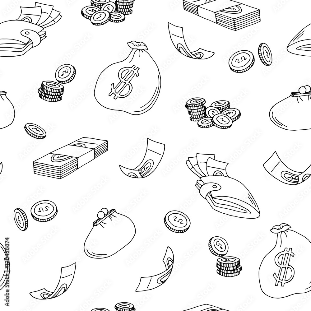 Money graphic black white sketch seamless pattern illustration vector ...