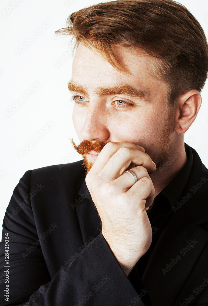 young red hair man with beard and mustache in black suit on whit Stock ...