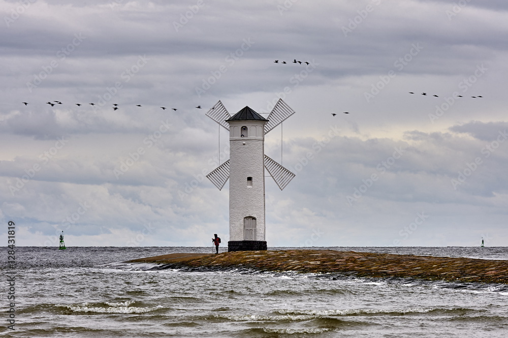 Lighthouse windmill Stawa Mlyny, Swinoujscie, Baltic Sea, Poland Stock ...