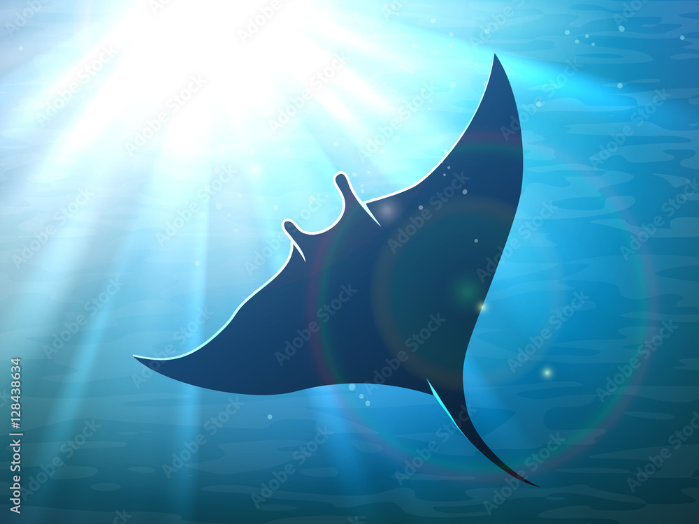 Dark manta ray in ocean deep water with light rays. Vector illustration ...