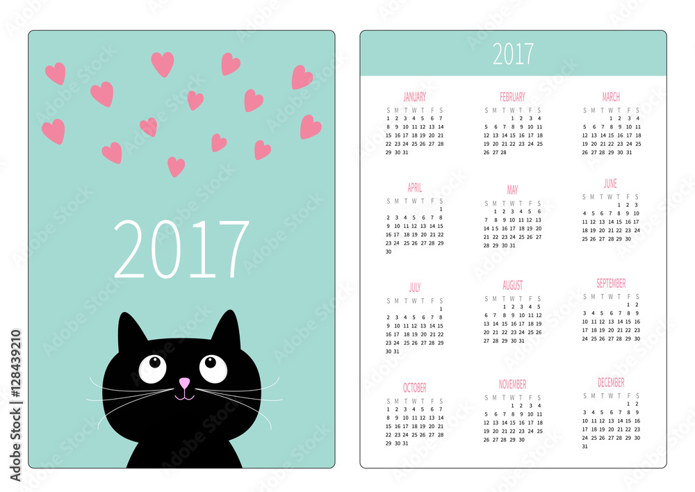 Pocket calendar 2017 year. Week starts Sunday. Flat design Vertical ...