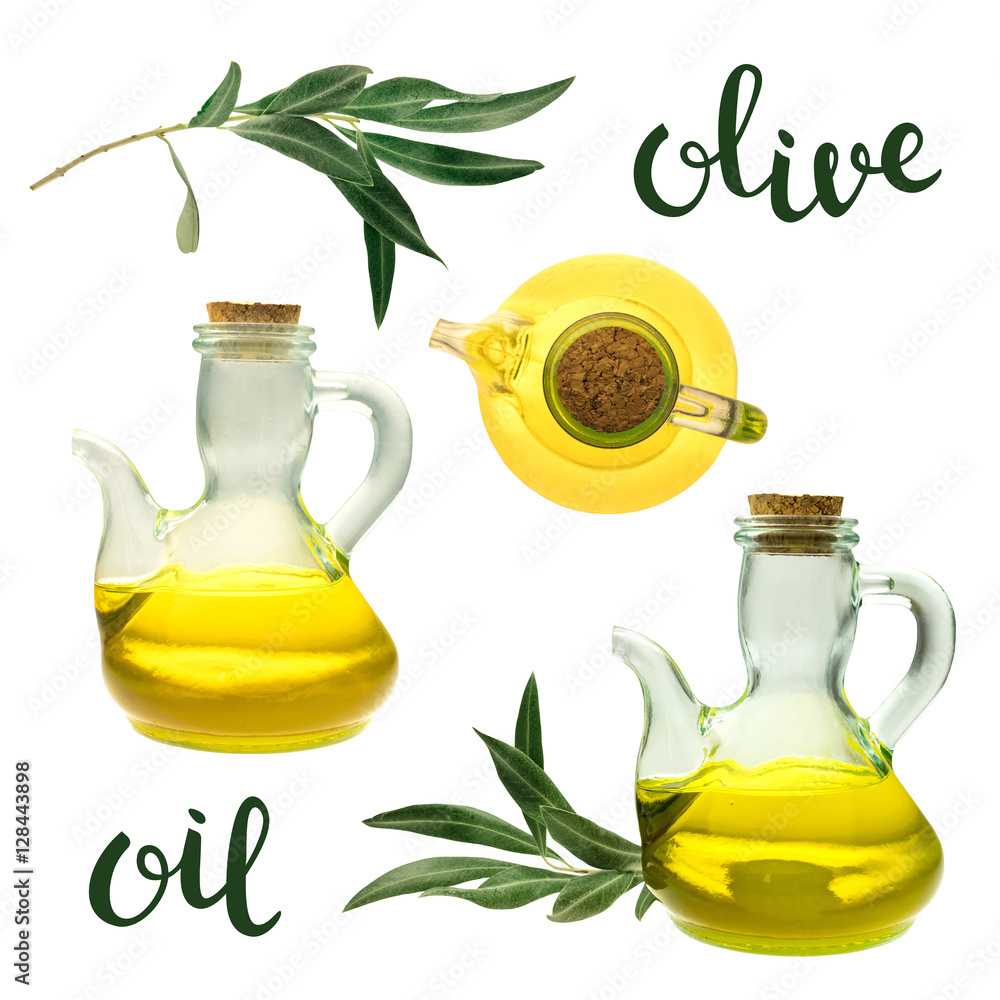 Olive oil bottles, branches and lettering, isolated on white Stock ...