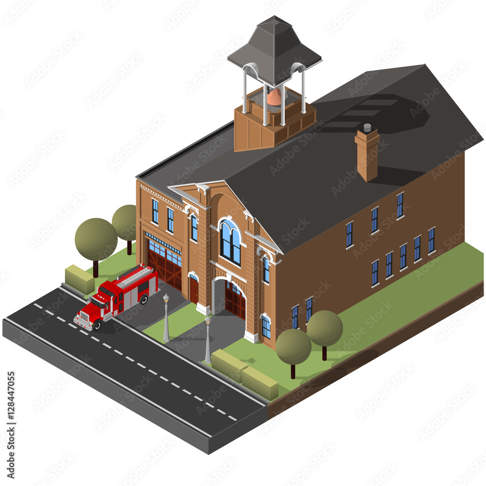 isometric firehouse and firetruck. Stock Vector | Adobe Stock