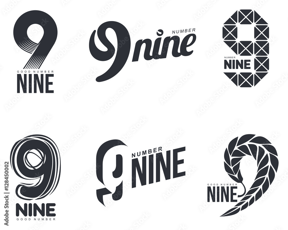 Set of black and white number nine logo templates, vector illustrations ...