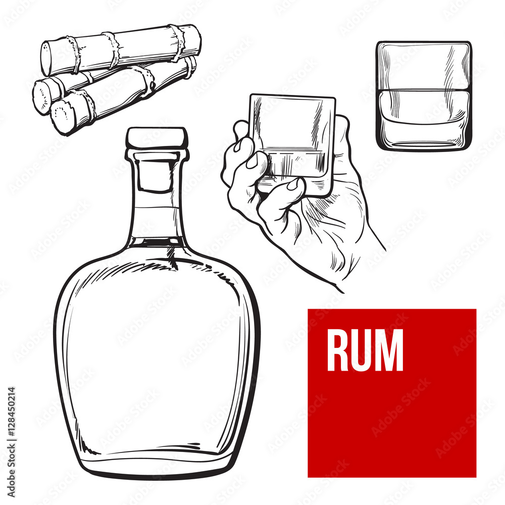 Jamaican rum bellied bottle, hand holding shot glass and sugar cane ...