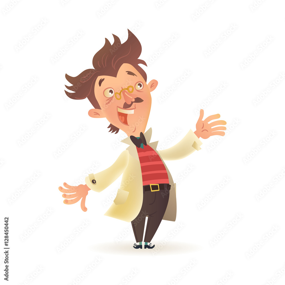 Stereotypic bushy haired mad professor wearing lab coat and stiped ...