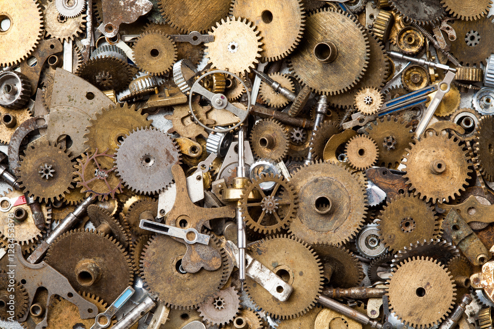 Steampunk mechanical equipment and mechanism background. Aged gears ...