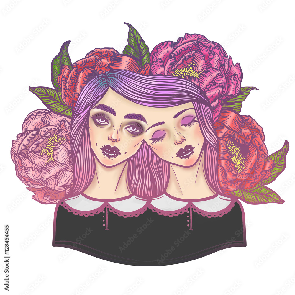 Portrait of mystic Siamese twins and a bouquet of peonies in the ...