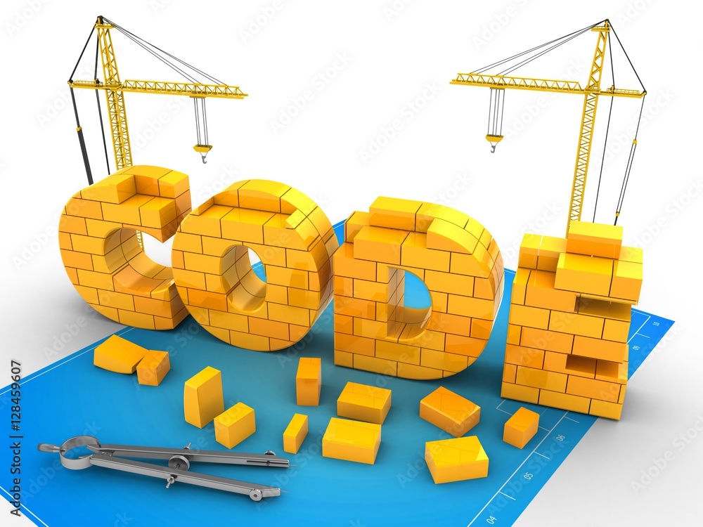 3d illustration of code sign over blueprint background with cranes ...