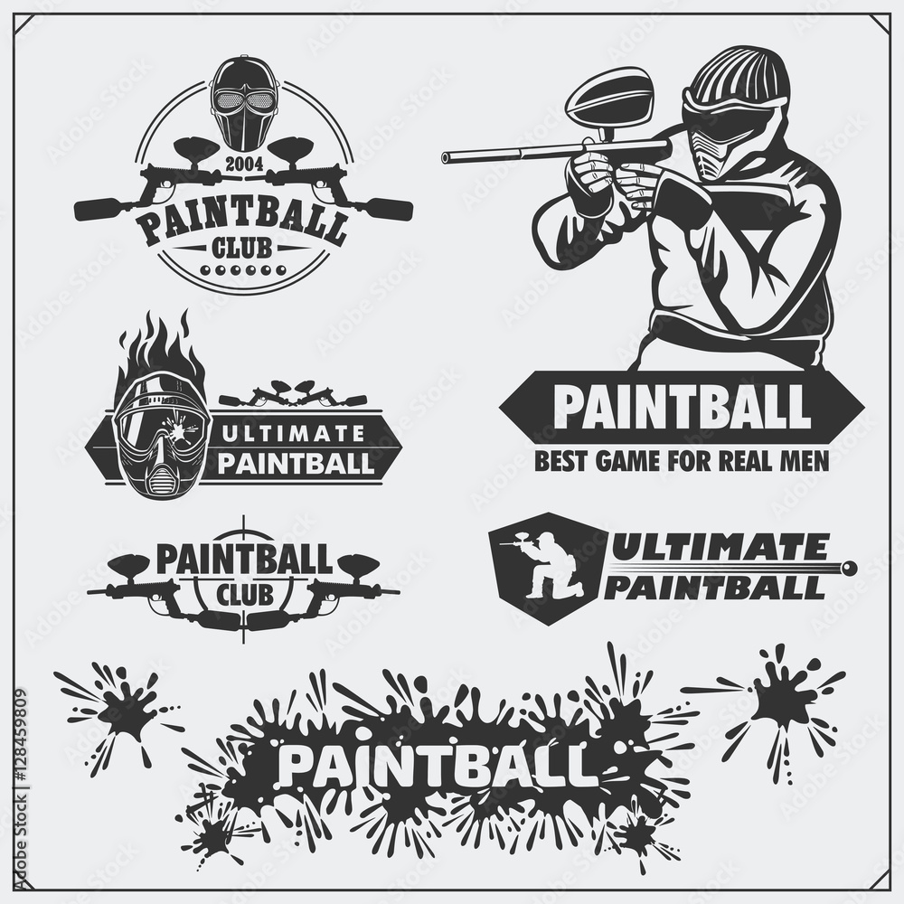 Set of paintball club labels, emblems, symbols, icons and design ...