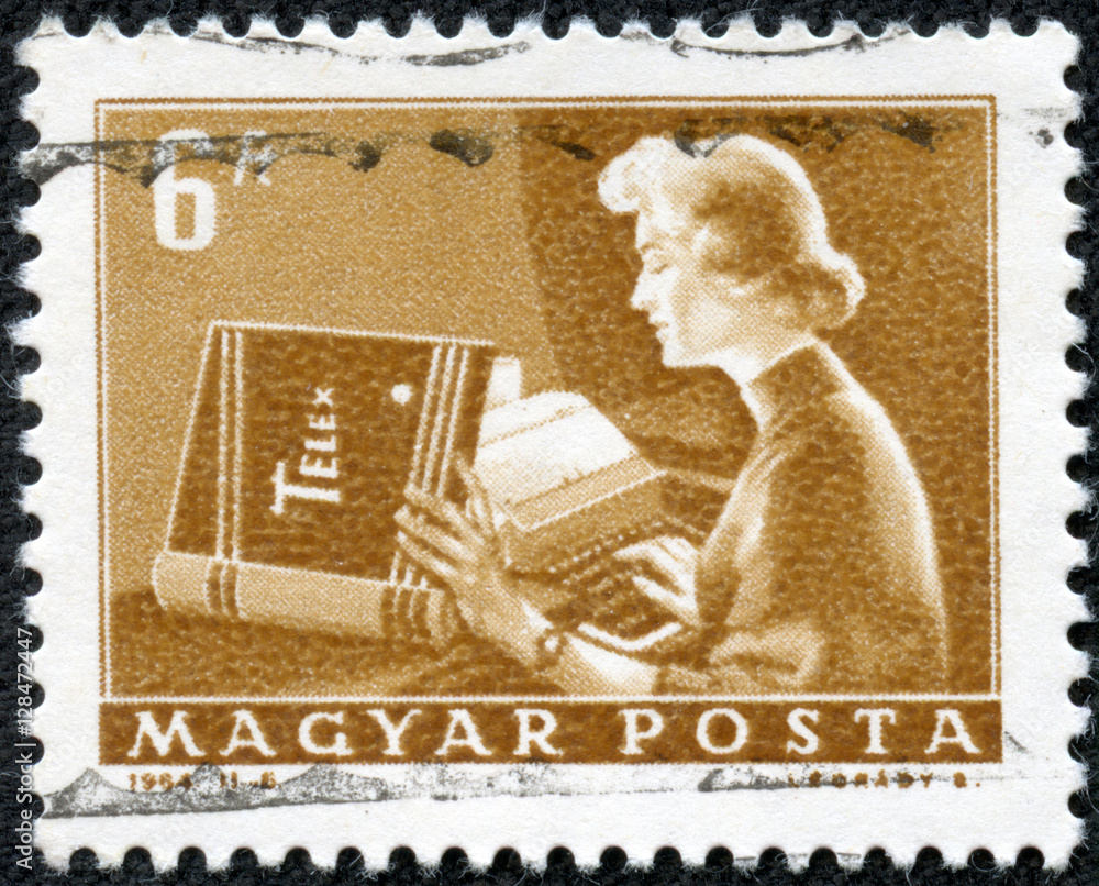 stamp printed by Hungary shows Telex operator. Series Post and ...