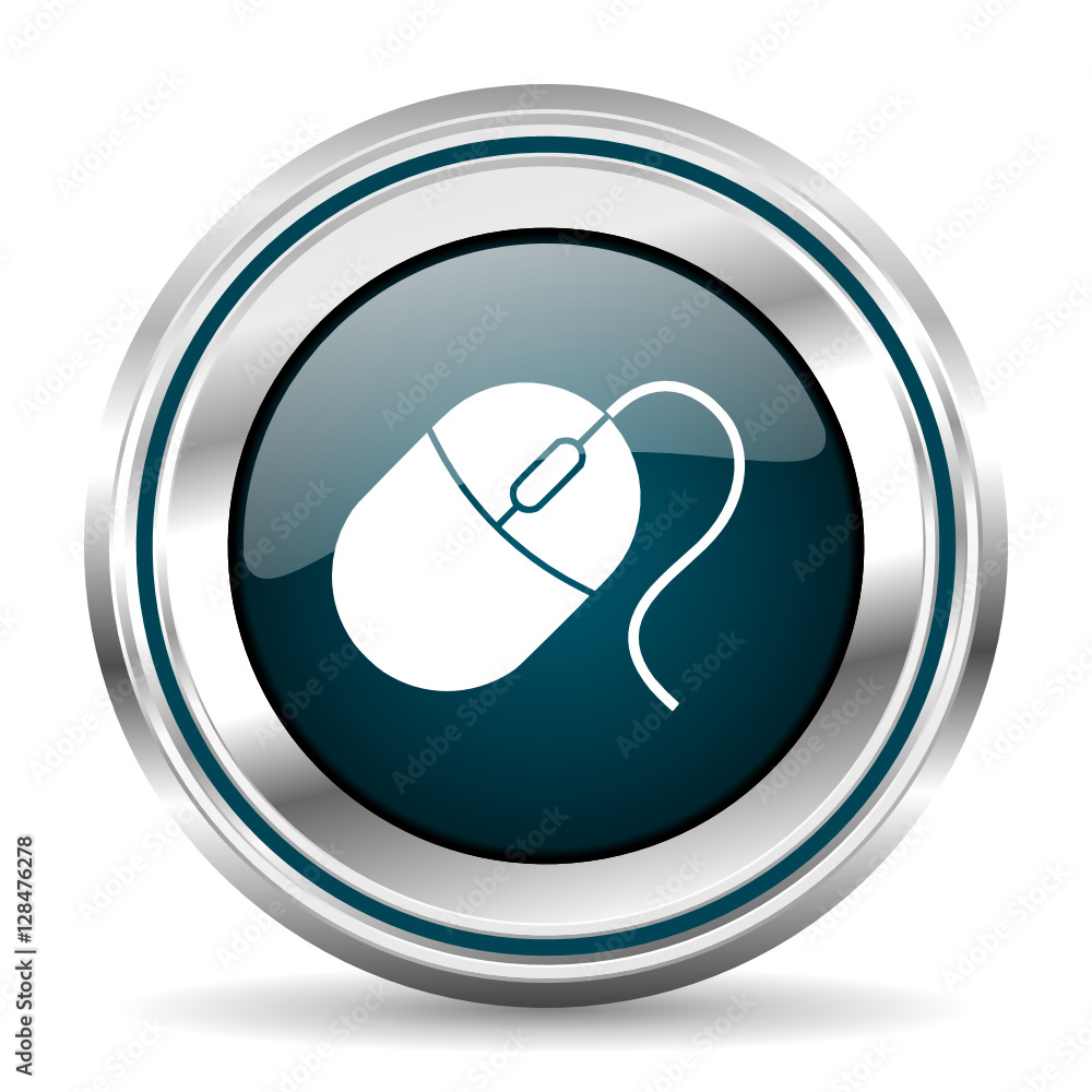 Mouse vector icon. Chrome border round web button. Silver metallic ...