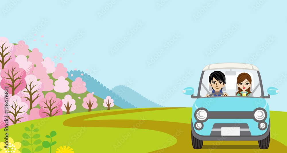 Car Driving in Spring nature, Young Couple - Front view Stock Vector ...